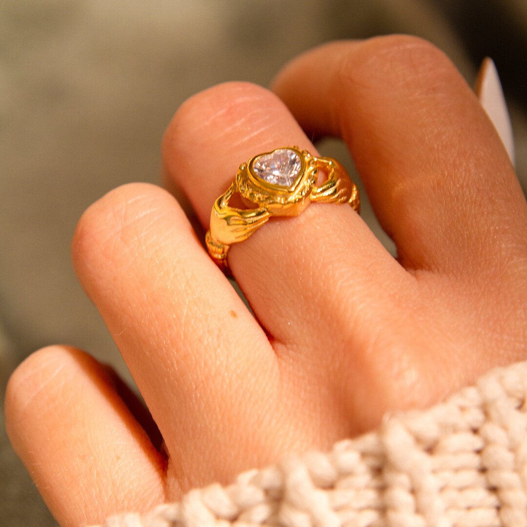 Heart Hand Love Adjustable Ring, Hands Holding Heart Ring, 925 Sterling ...
