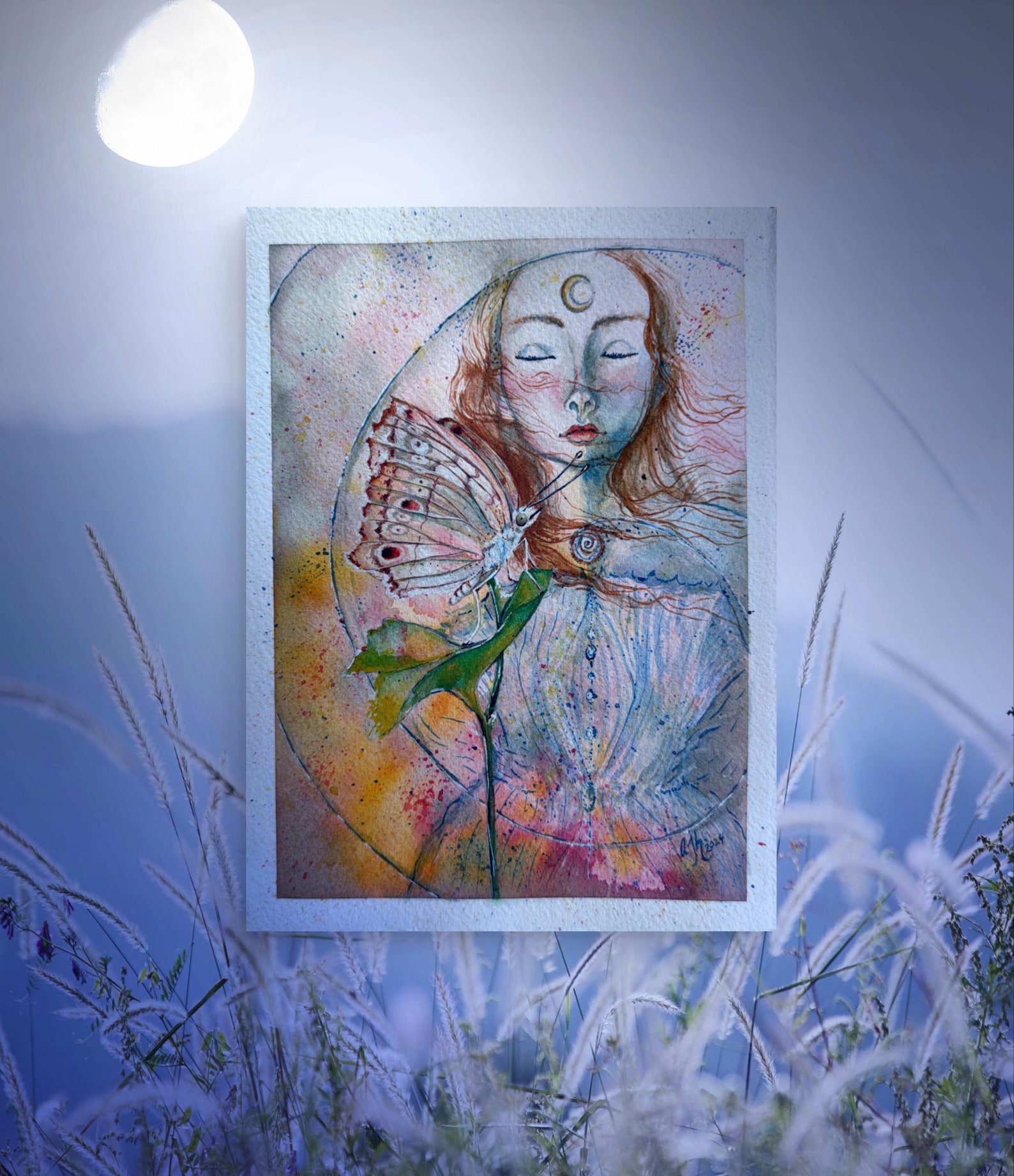 Hand Painted Watercolor. Original Artwork. Blue Moon Goddess Girl With ...