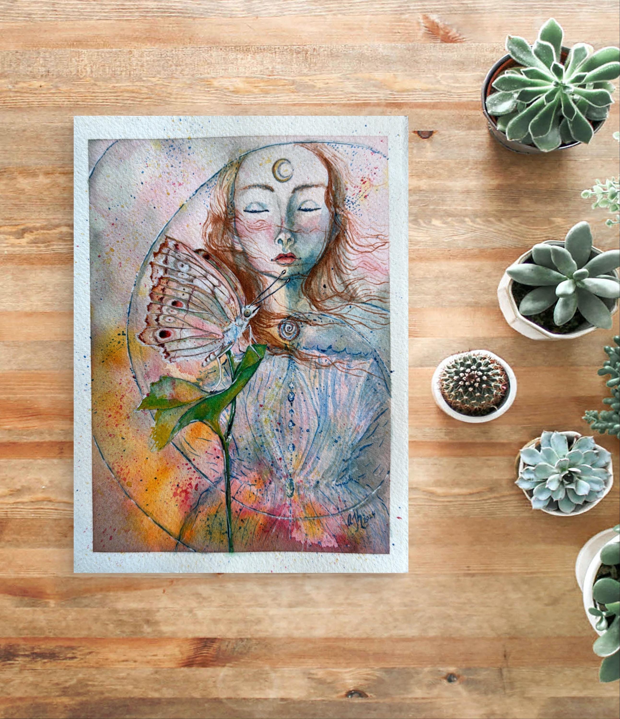 Hand Painted Watercolor. Original Artwork. Blue Moon Goddess Girl With ...