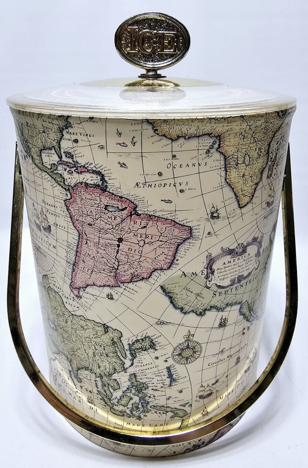 Vintage Old World Map Ice Bucket With Lid and Metal Handle MCM Barware ...