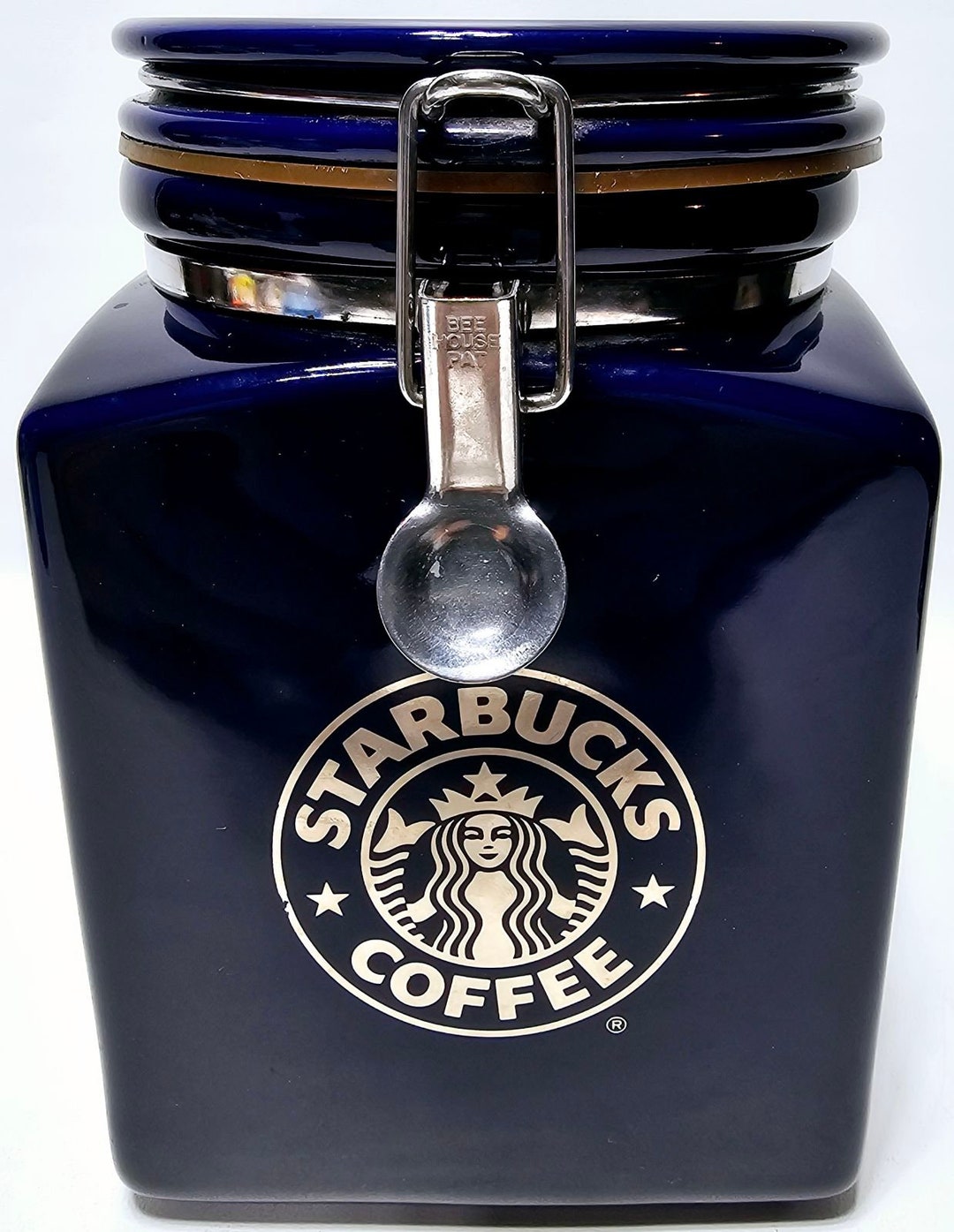 Vtg Cobalt Blue Starbucks Air Lock Coffee Tea Cookie Canister 1/2 ...