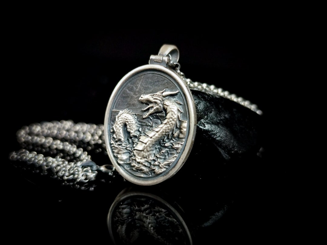 Sterling Silver Dragon Chain Necklace, Water Dragon Mystical Silver ...