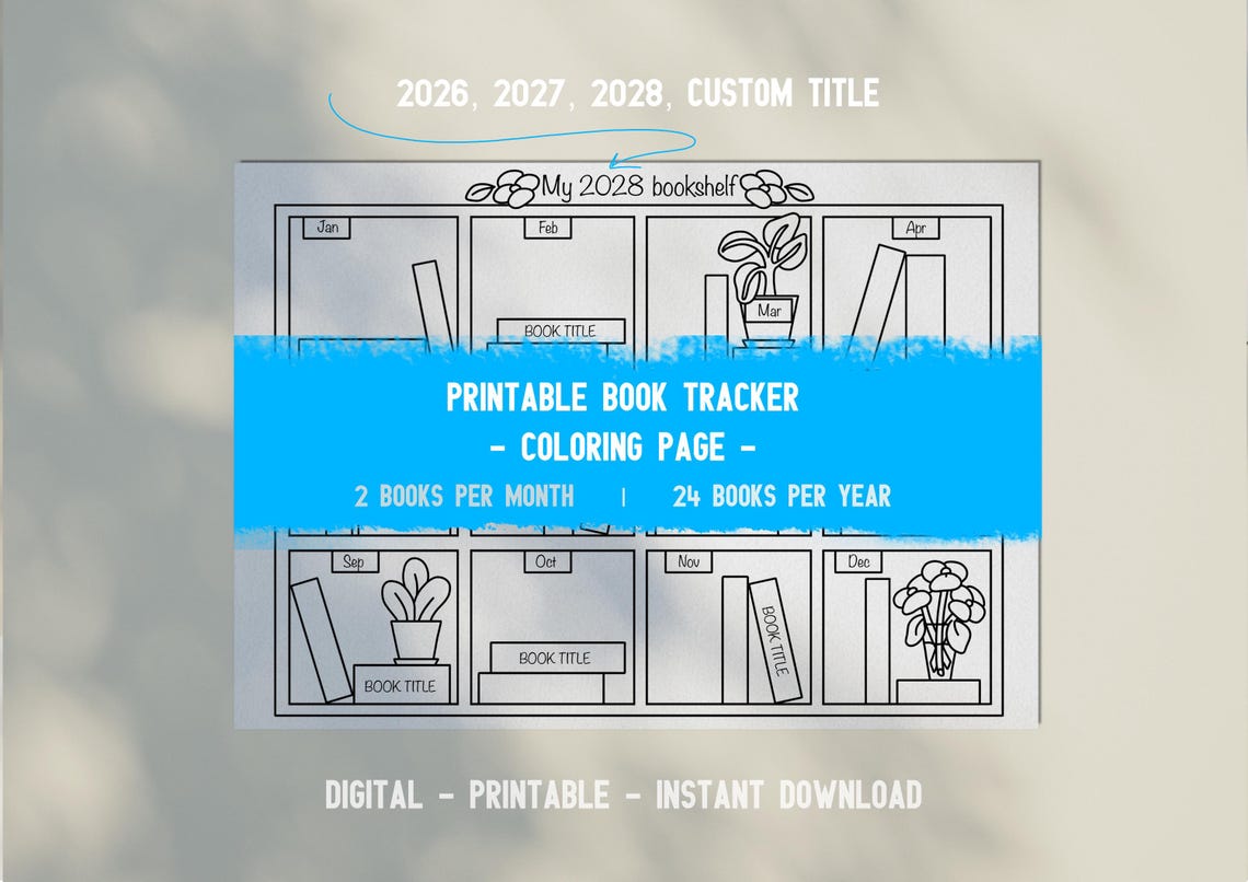 Yearly Bookshelf Reading Tracker Printable 2 Books a Month, Digital ...