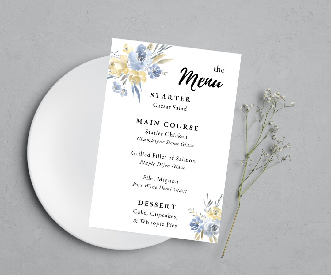 Floral Wedding Table Menu Template, Editable Canva Template, Yellow and ...