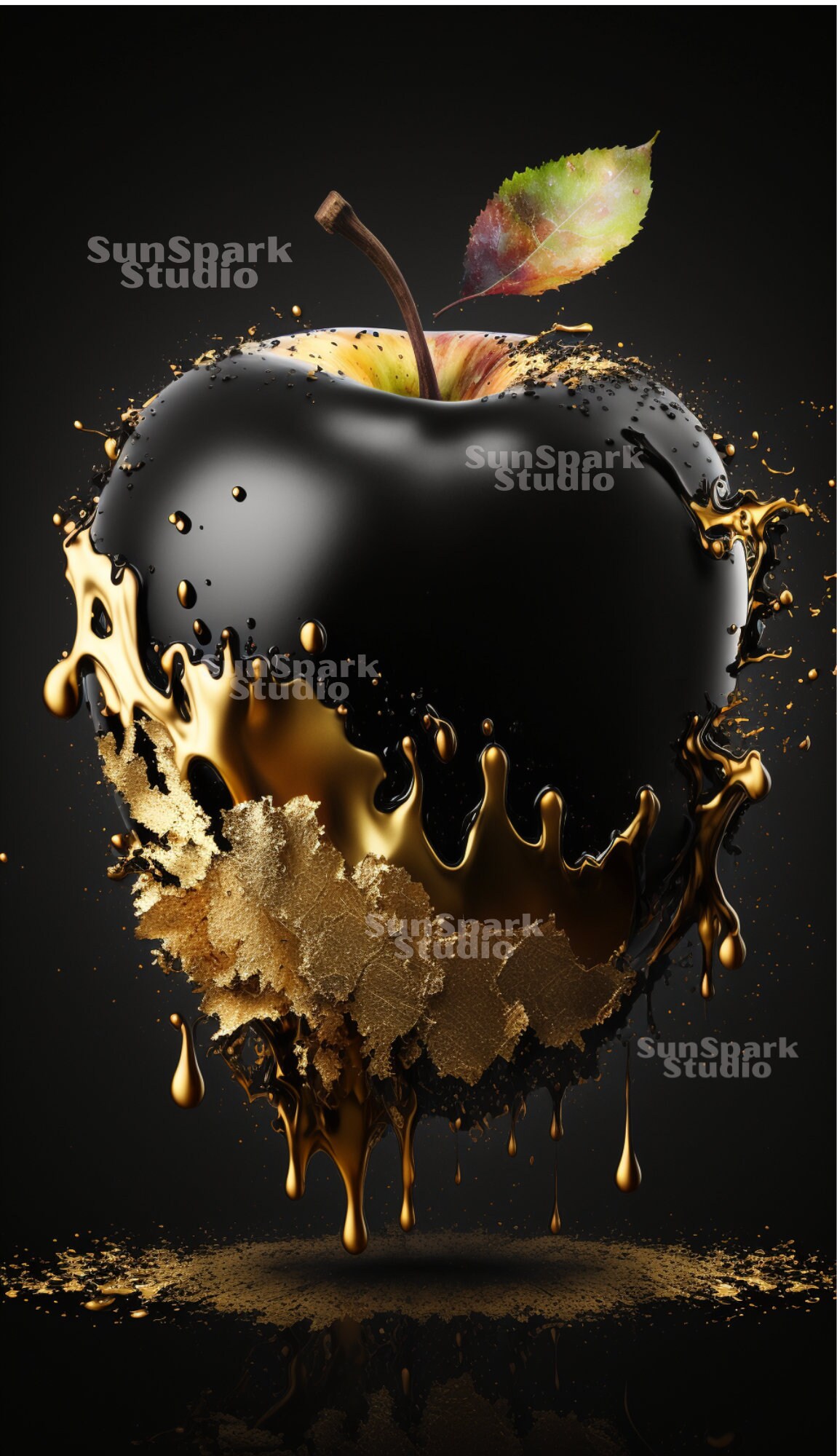 Printable Digital Art Apple Splashing in Black and Gold Digital ...