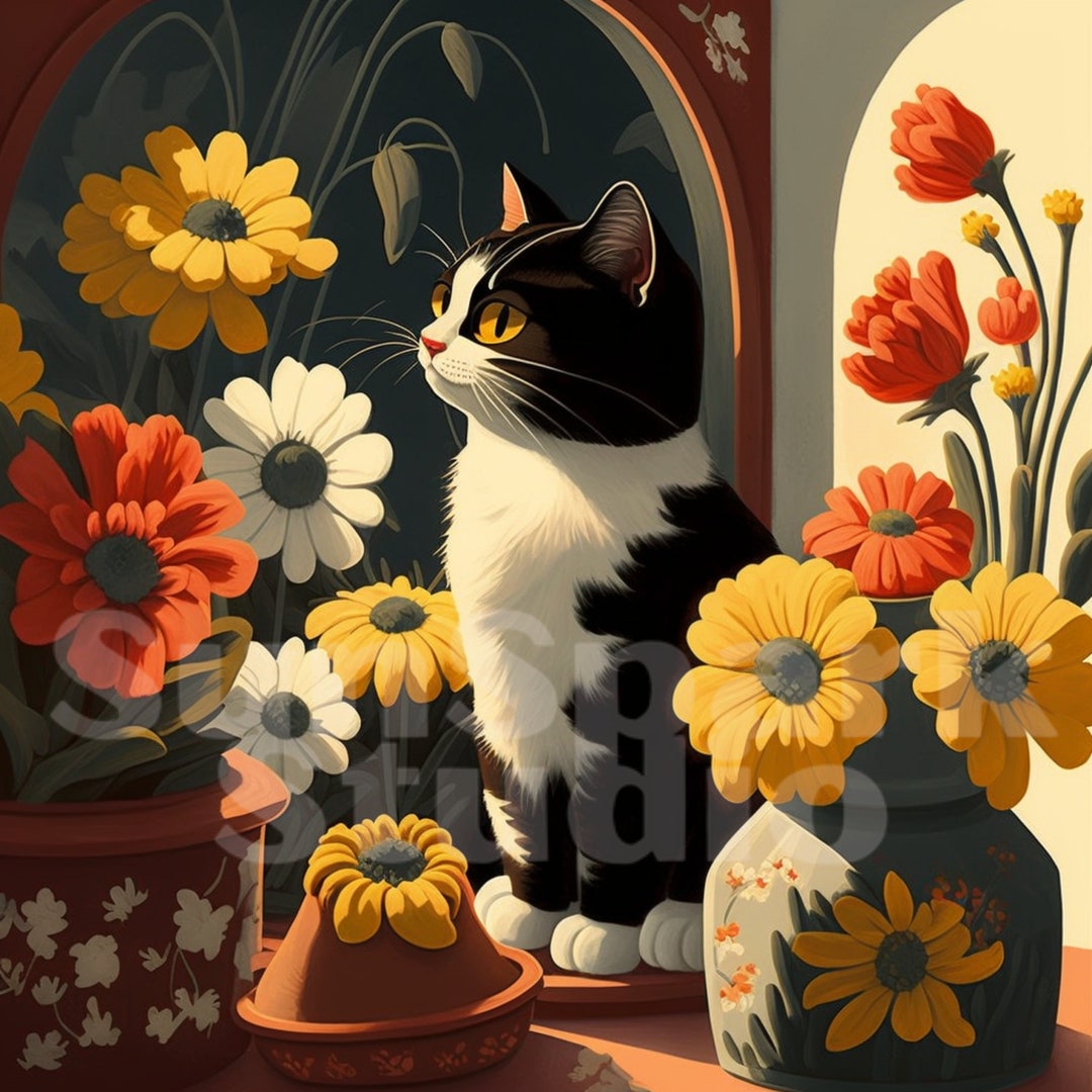 Cat Modern Art Cat by Pot Plants Unique Artwork Wall Art Printable ...