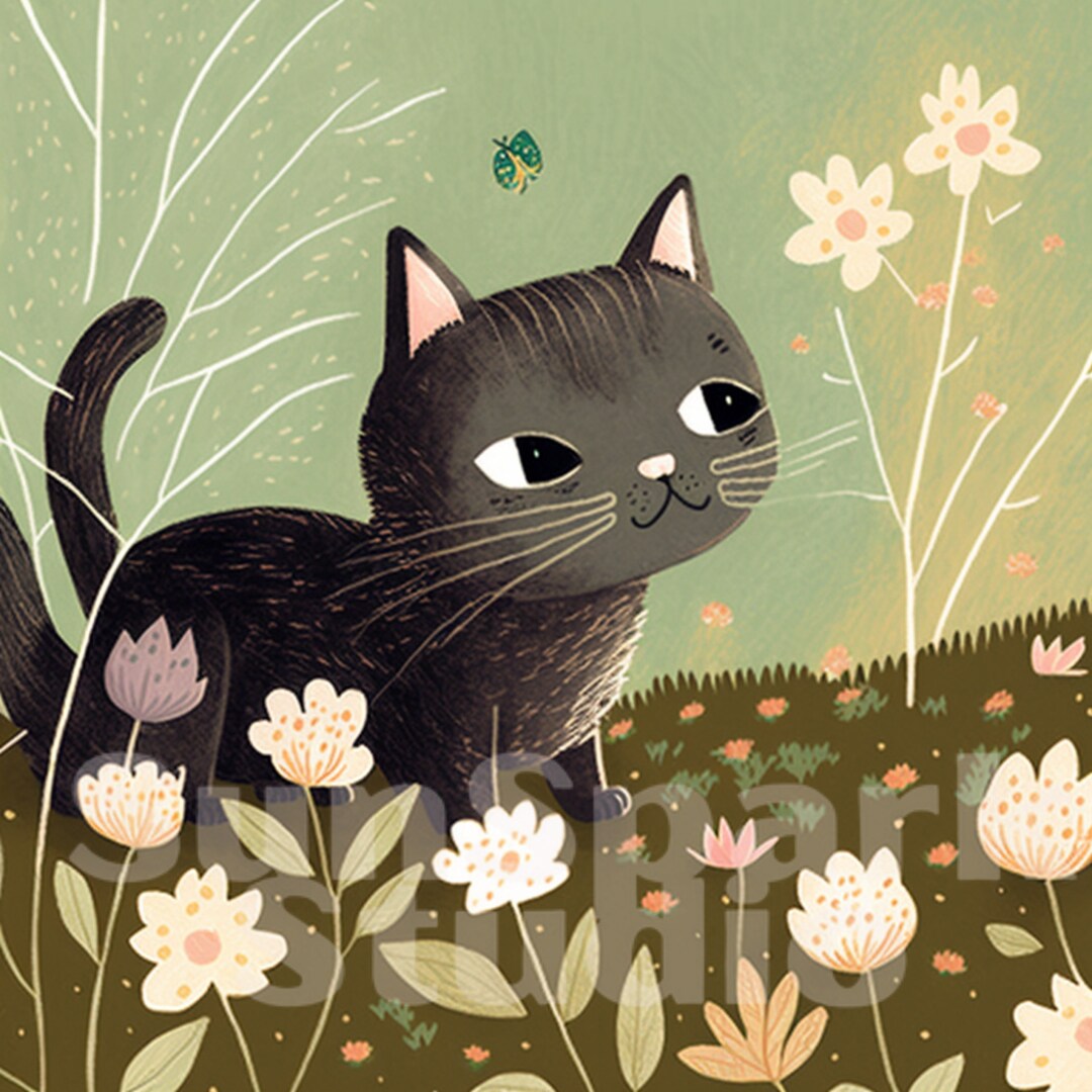 Cat Modern Art Cat in a Flower Garden Unique Artwork Wall Art Printable ...