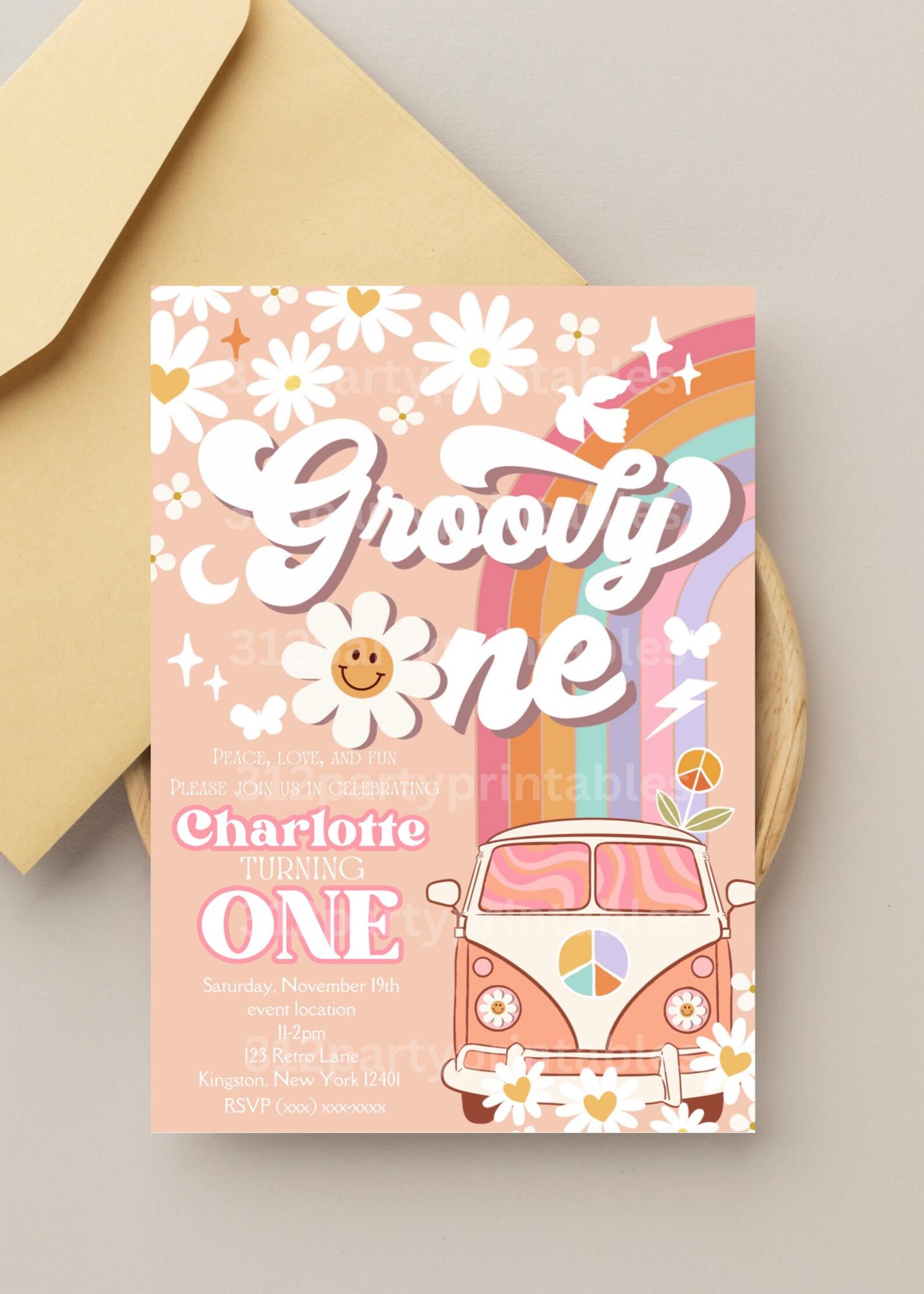 Retro GROOVY ONE Birthday Party Invitation, Editable Canva Free - Etsy