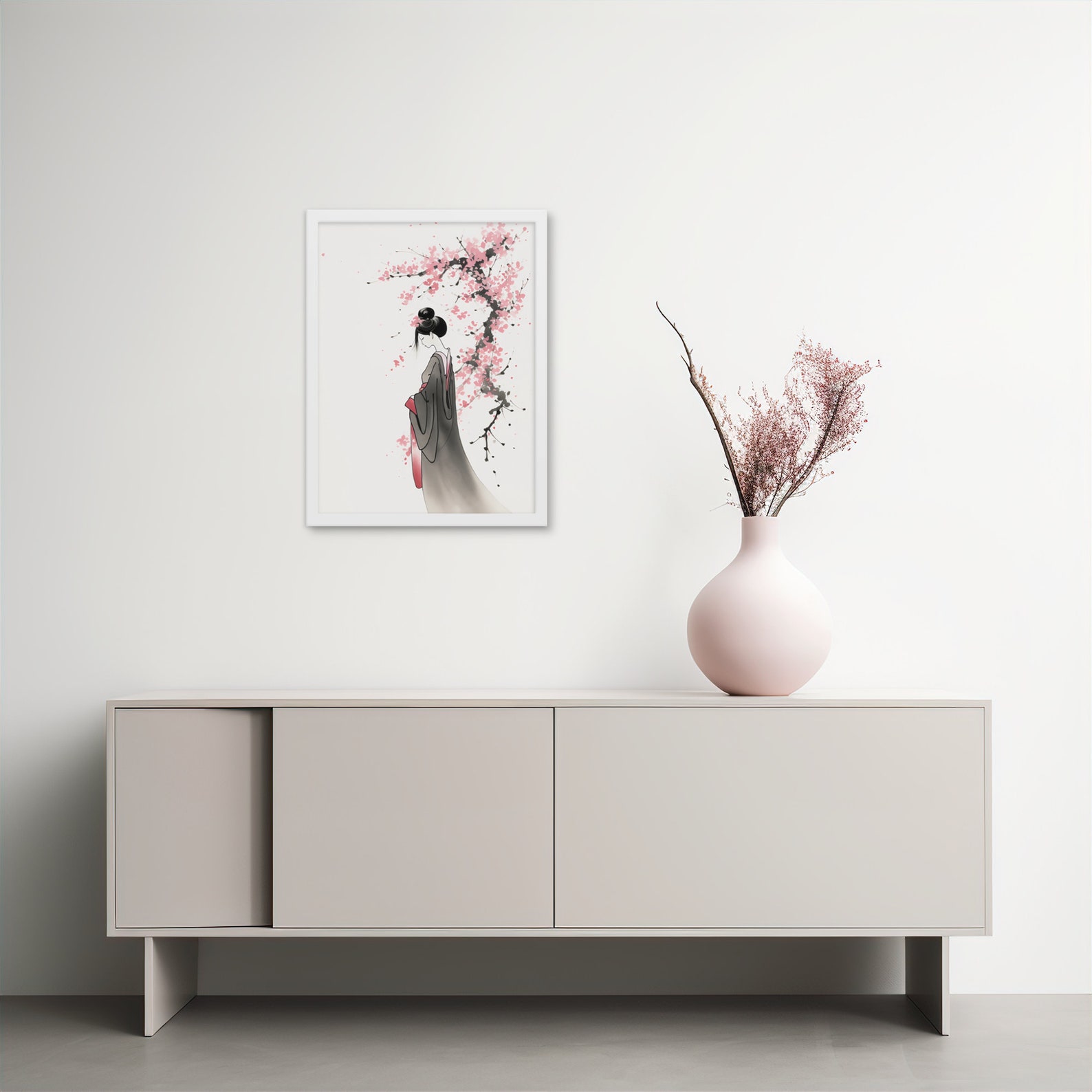 Traditional Geisha in Cherry Blossom Bloom: Pink Wall Art Framed Print ...