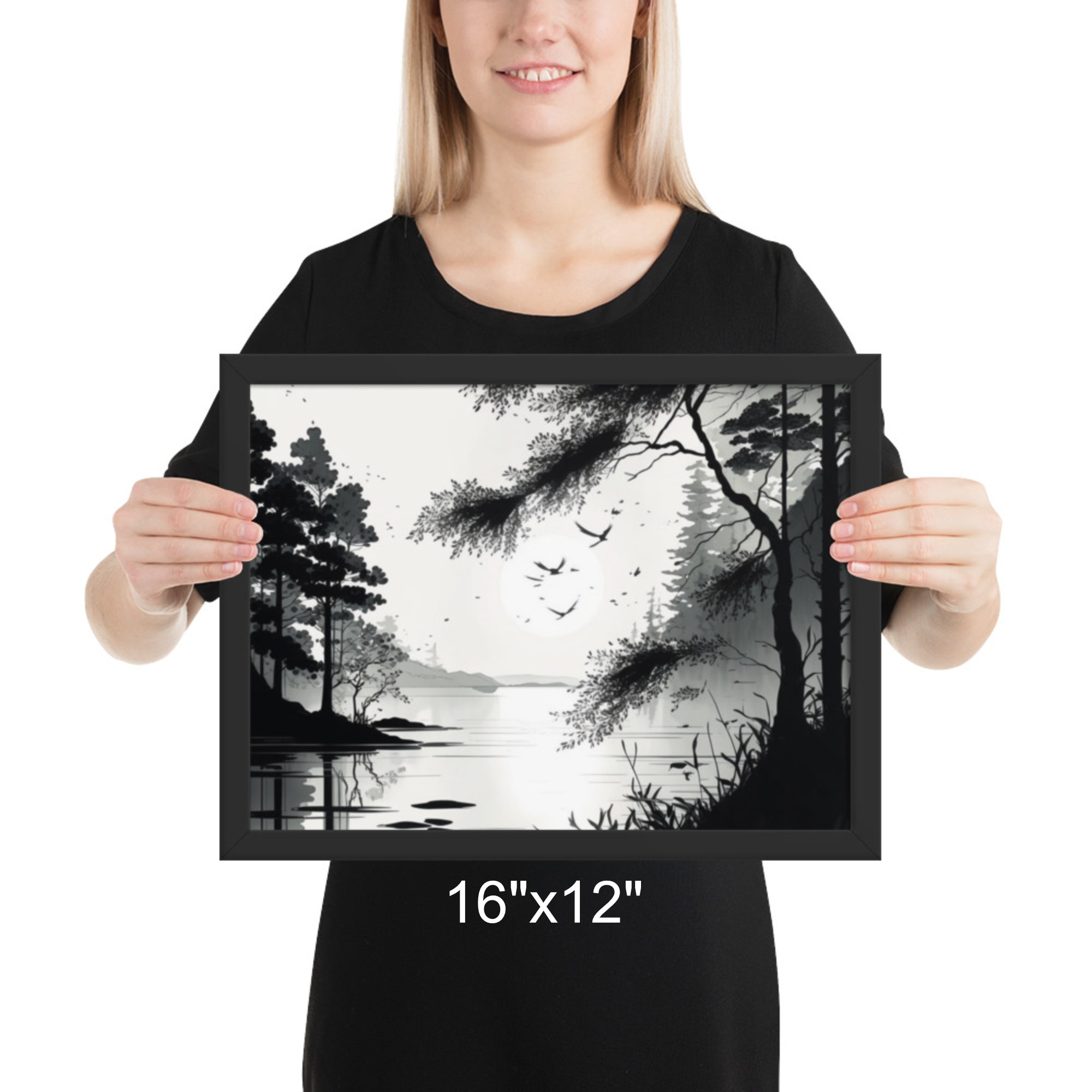 Black and White Lake View Beside Forest Framed Print 2 Landscape Poster ...
