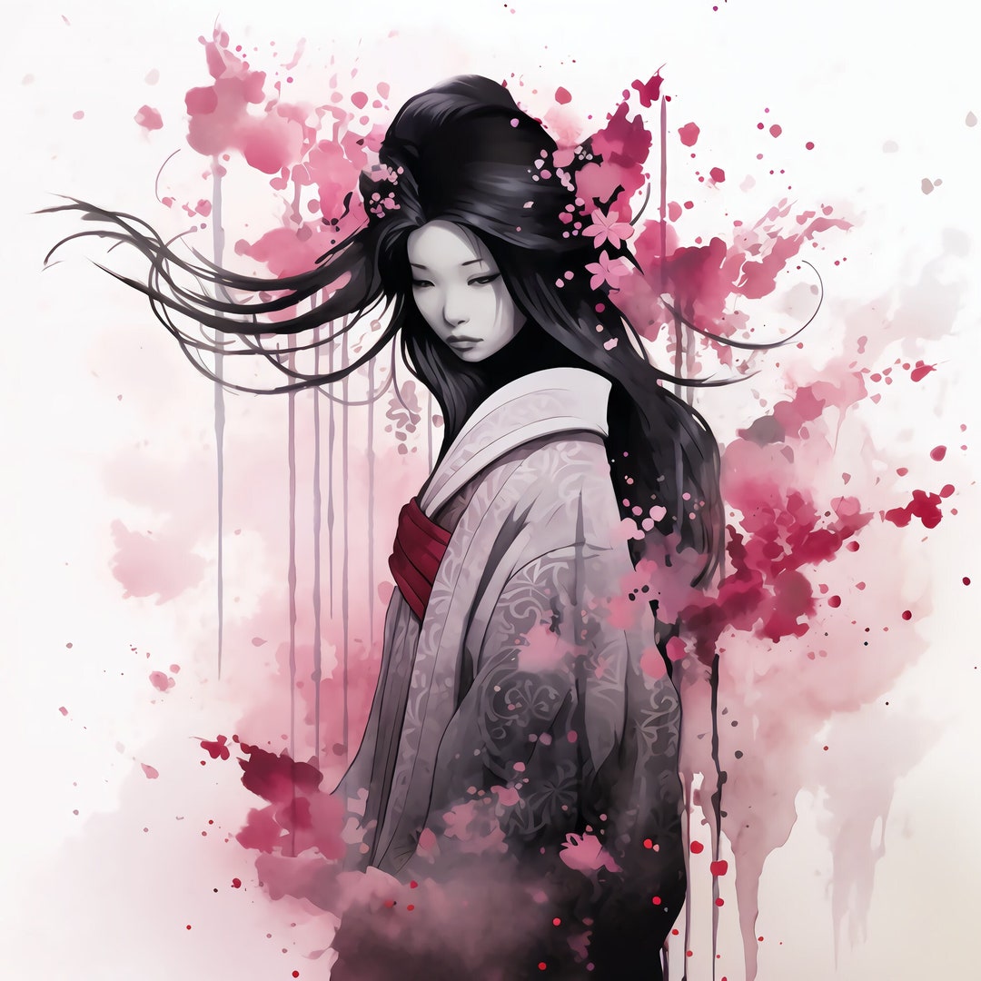 Sakura Embrace: Pink Palette Geisha Wall Art Decor Framed Poster ...