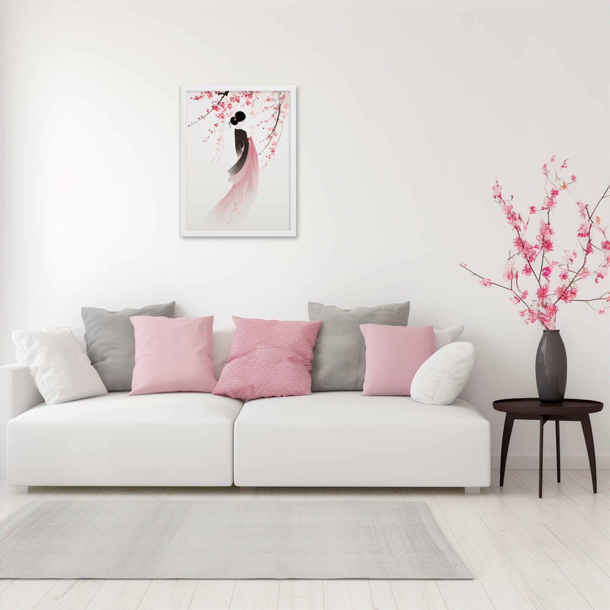 Geisha Elegance Pink Sakura Wall Art: Japanese Floral Decor | Framed ...