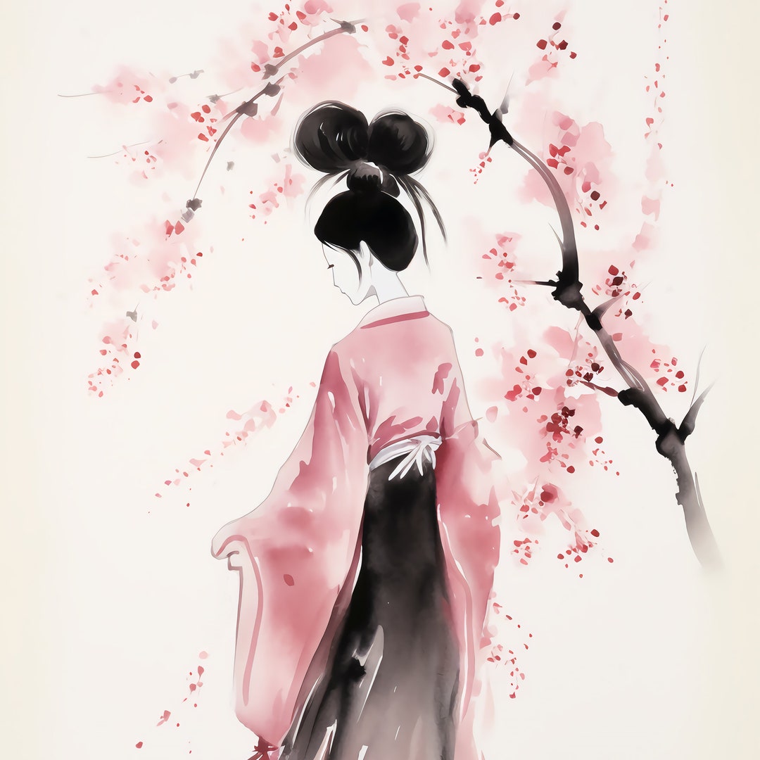 Pink Palette Geisha Essence: Cherry Blossom Wall Framed Art Decor ...