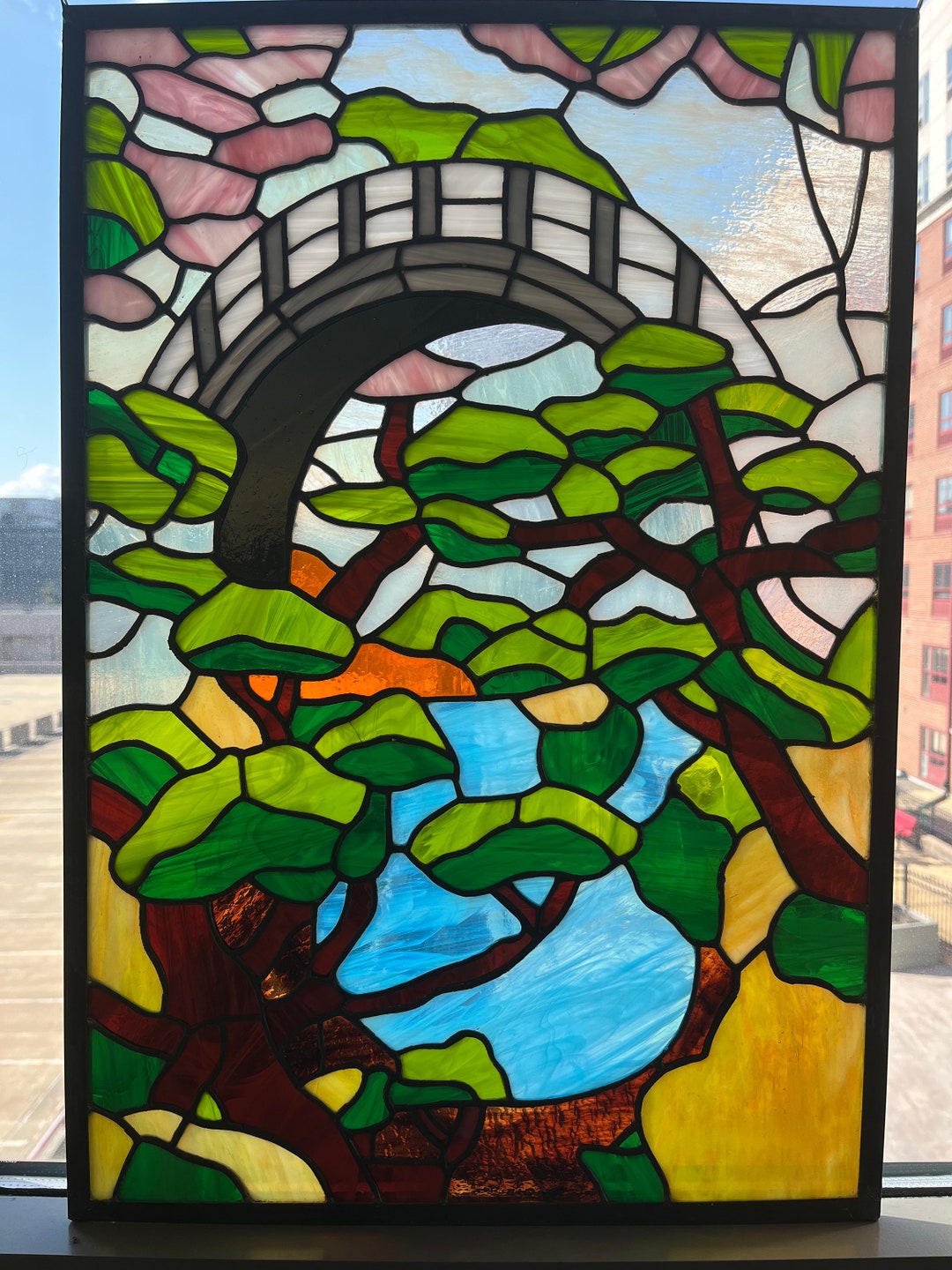 Japanese Stained Glass Panel Nature Bridge Scene - Etsy