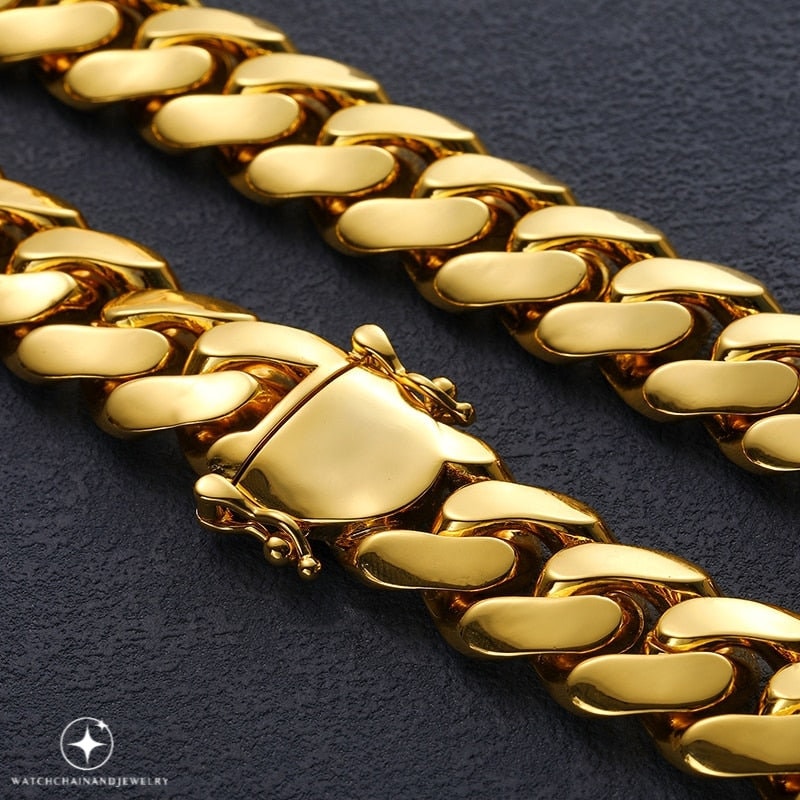 20mm Solid Miami Cuban Link Chain, 14K Gold Finish, 925 Sterling Silver ...
