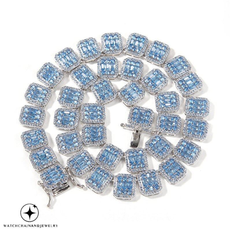 13mm Blue Baguette Moissanite Diamond Tennis Chain, 925 Solid Sterling ...