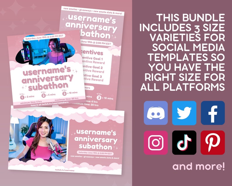 Pink Cloud Subathon Social Media Canva Template Bundle | Live Stream ...