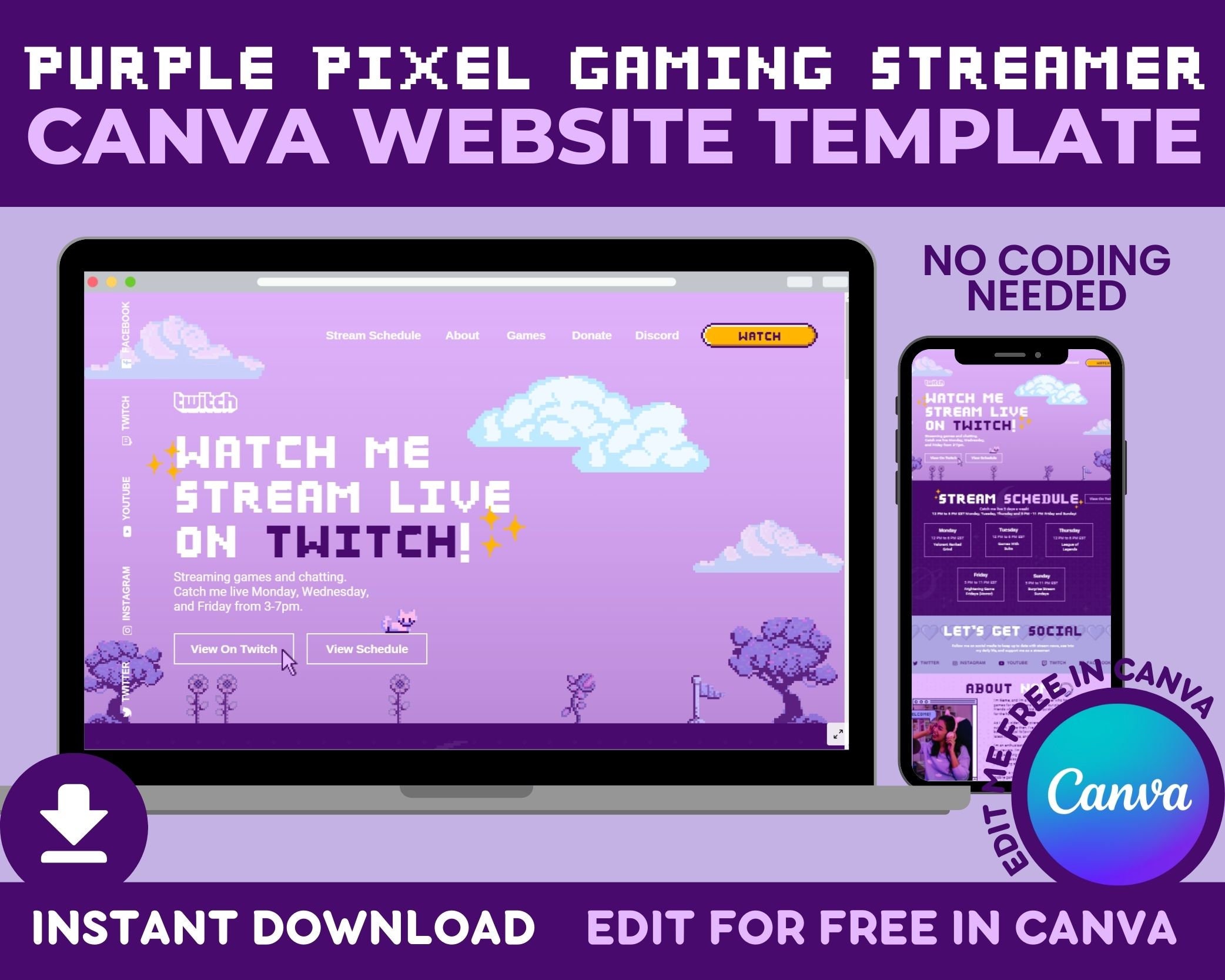 Gaming Website Template Canva Purple Pixel / Live Stream Twitch Creator Esports Customizable ...