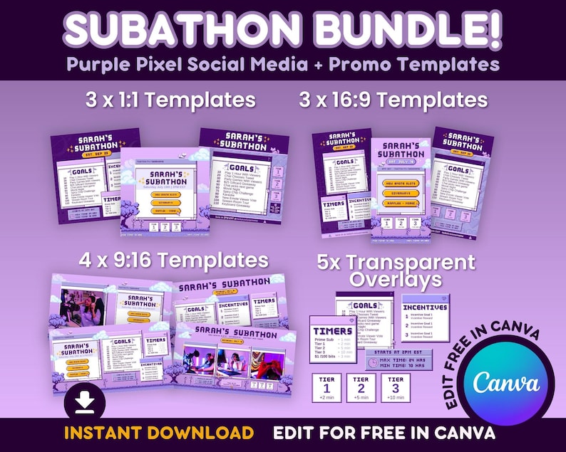 Purple Pixel Subathon Social Media Canva Template Bundle for Twitch ...