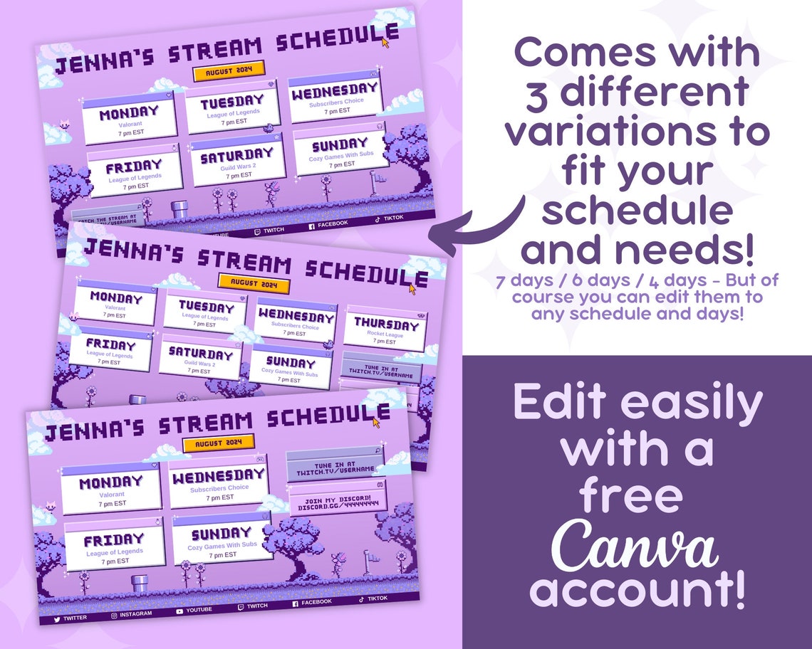 Purple Pixel Stream Schedule Template - 8 Bit Retro - Editable Weekly ...
