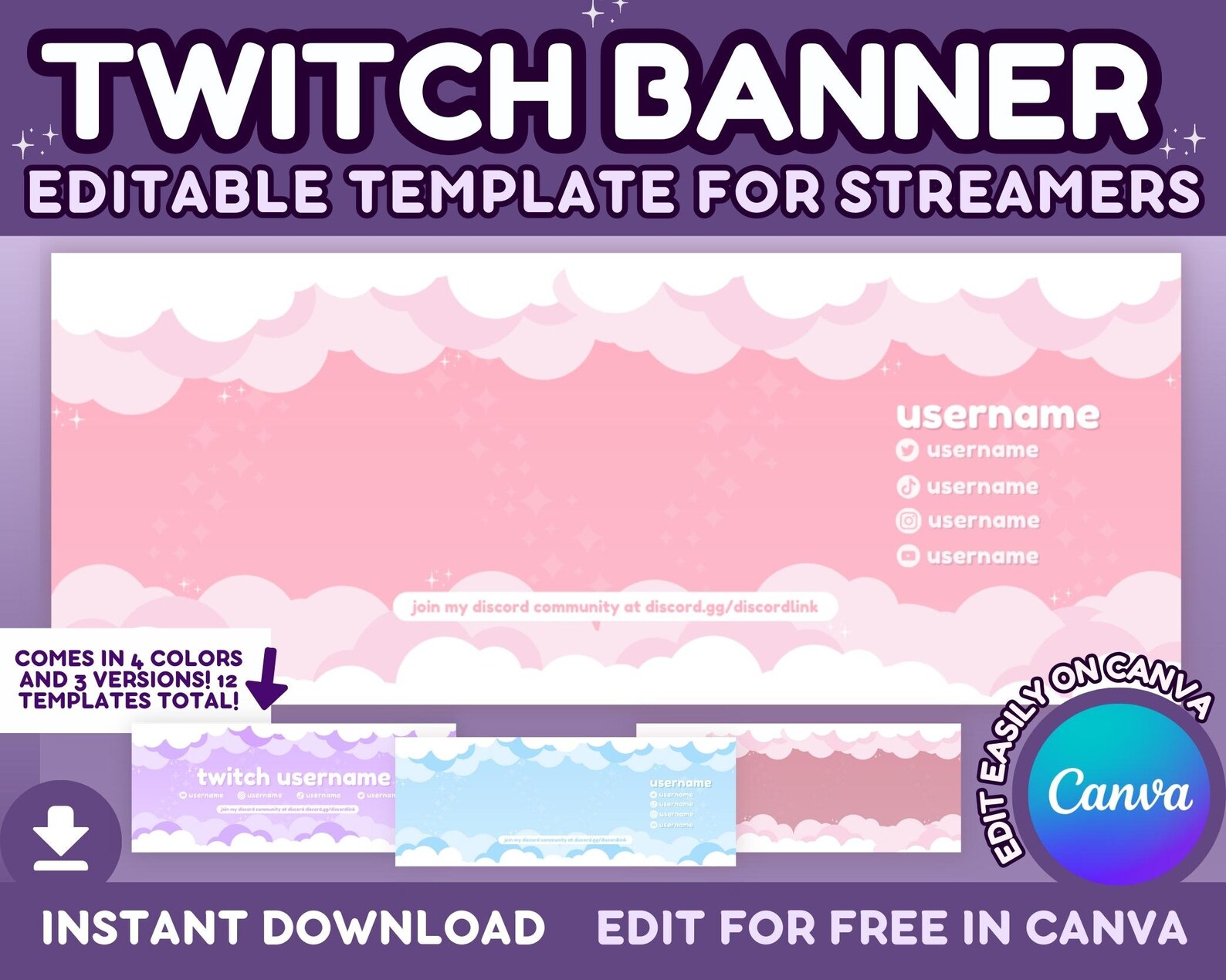 Twitch Banner Template Cute Clouds Sparkles Editable - Etsy