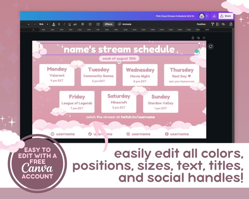 Weekly Stream Schedule Template Pink Cloud Sparkle Stream Schedule ...