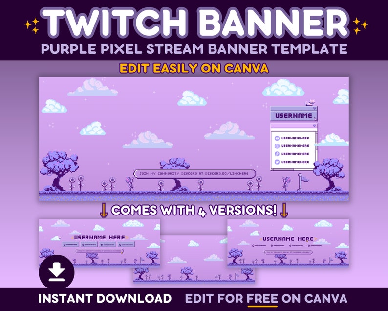 Twitch Banner Template | Cute Pixel Purple 8-bit Editable Customizable ...