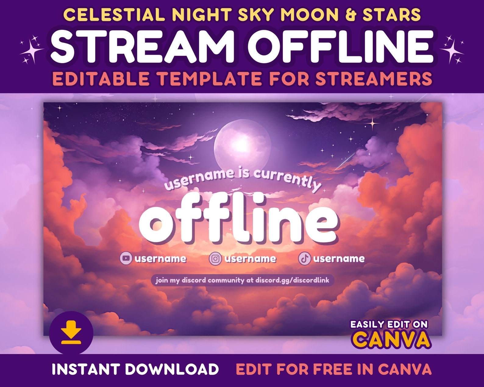 Stream Twitch Offline Screen Canva Template - Editable - Celestial Moon ...