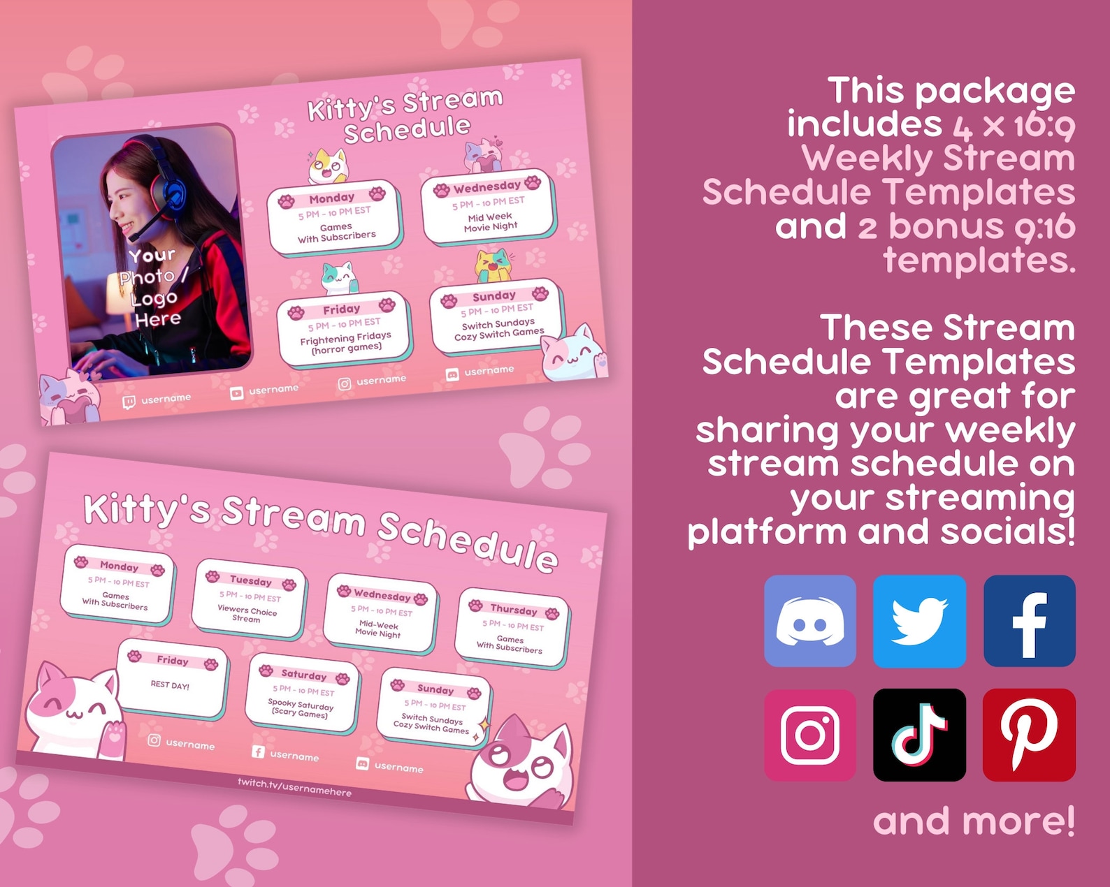 Pink Cat Stream Schedule Template | Kawaii Cute Editable Twitch Live ...