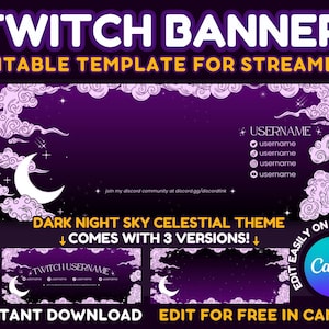 Twitch Banner Template - Dark Night Celestial Sky Editable Customizable ...