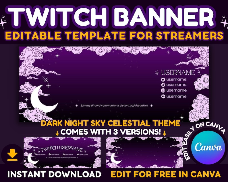 Twitch Banner Template Dark Night Celestial Sky Editable Customizable ...
