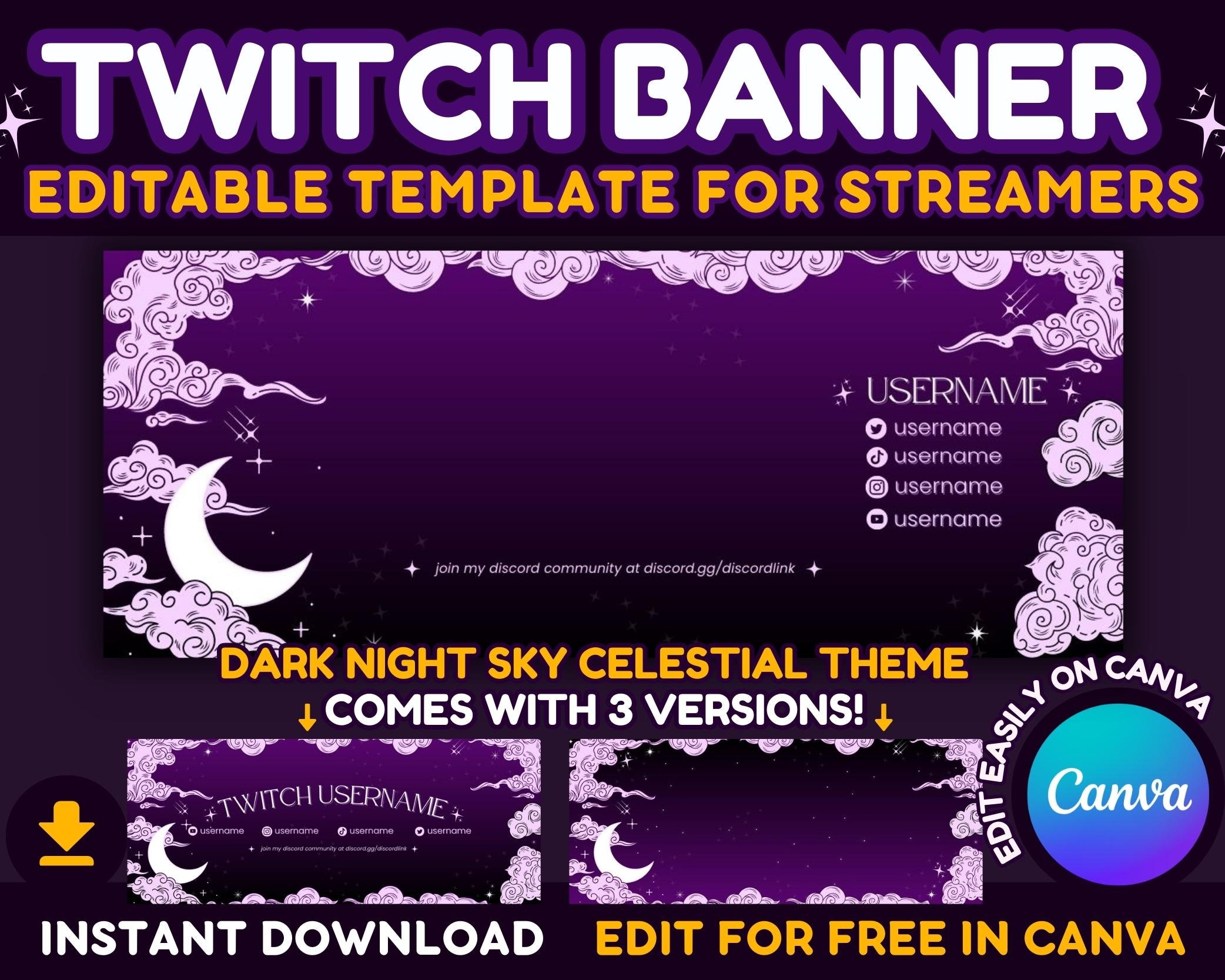 Twitch Banner Template - Dark Night Celestial Sky Editable Customizable ...