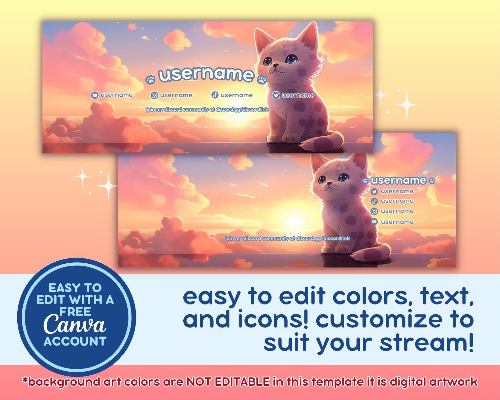 Twitch Banner Template - Cute Cat Clouds Editable Customizable Twitch Stream Header Banner for ...