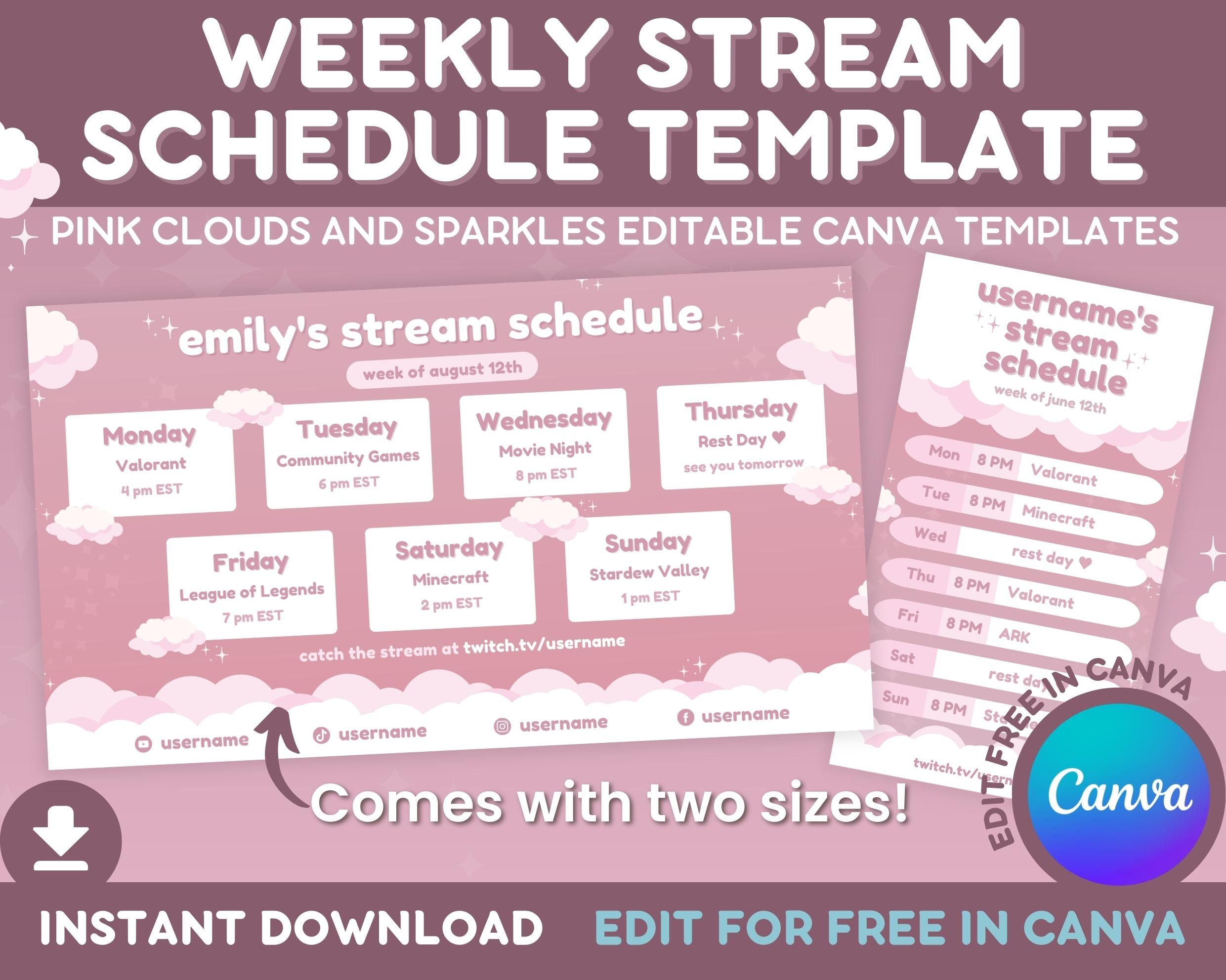 Weekly Stream Schedule Template Pink Cloud Sparkle Stream Schedule ...