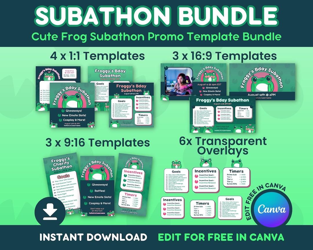 Cute Frog Subathon Social Media Canva Template Bundle | Green Frog ...