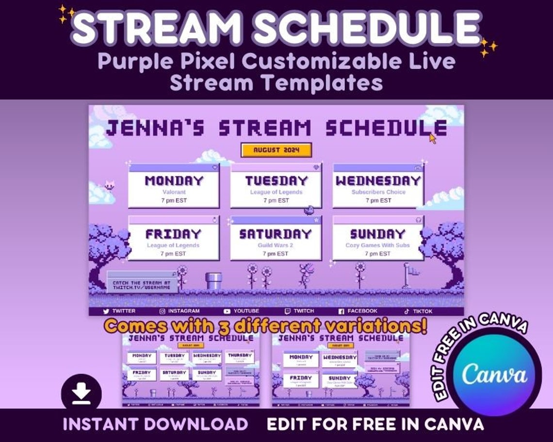 Purple Pixel Stream Schedule Template - 8 Bit Retro - Editable Weekly ...