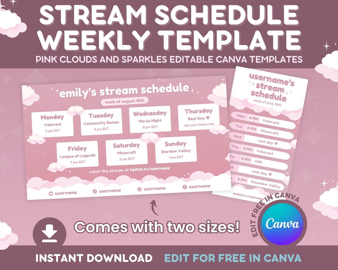 Weekly Stream Schedule Template - Pink Cloud - Sparkle - Stream ...