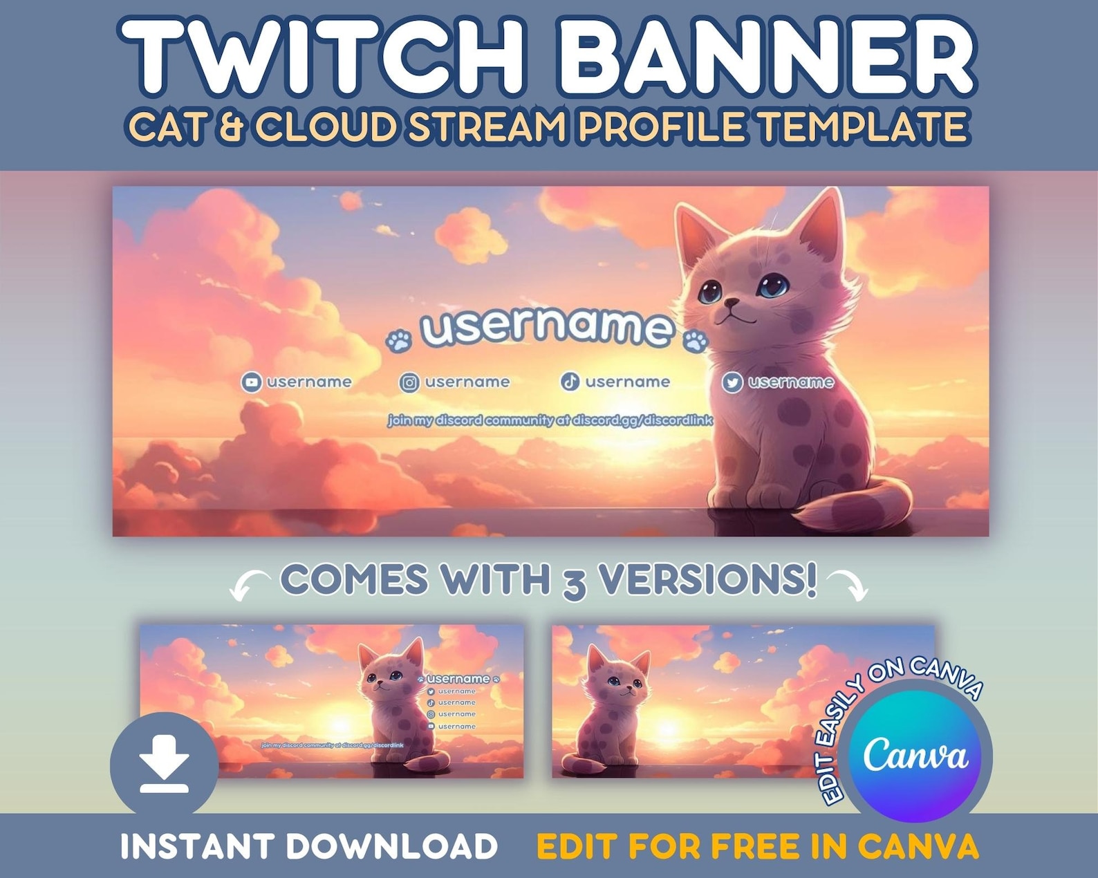 Twitch Banner Template - Cute Cat Clouds Editable Customizable Twitch ...
