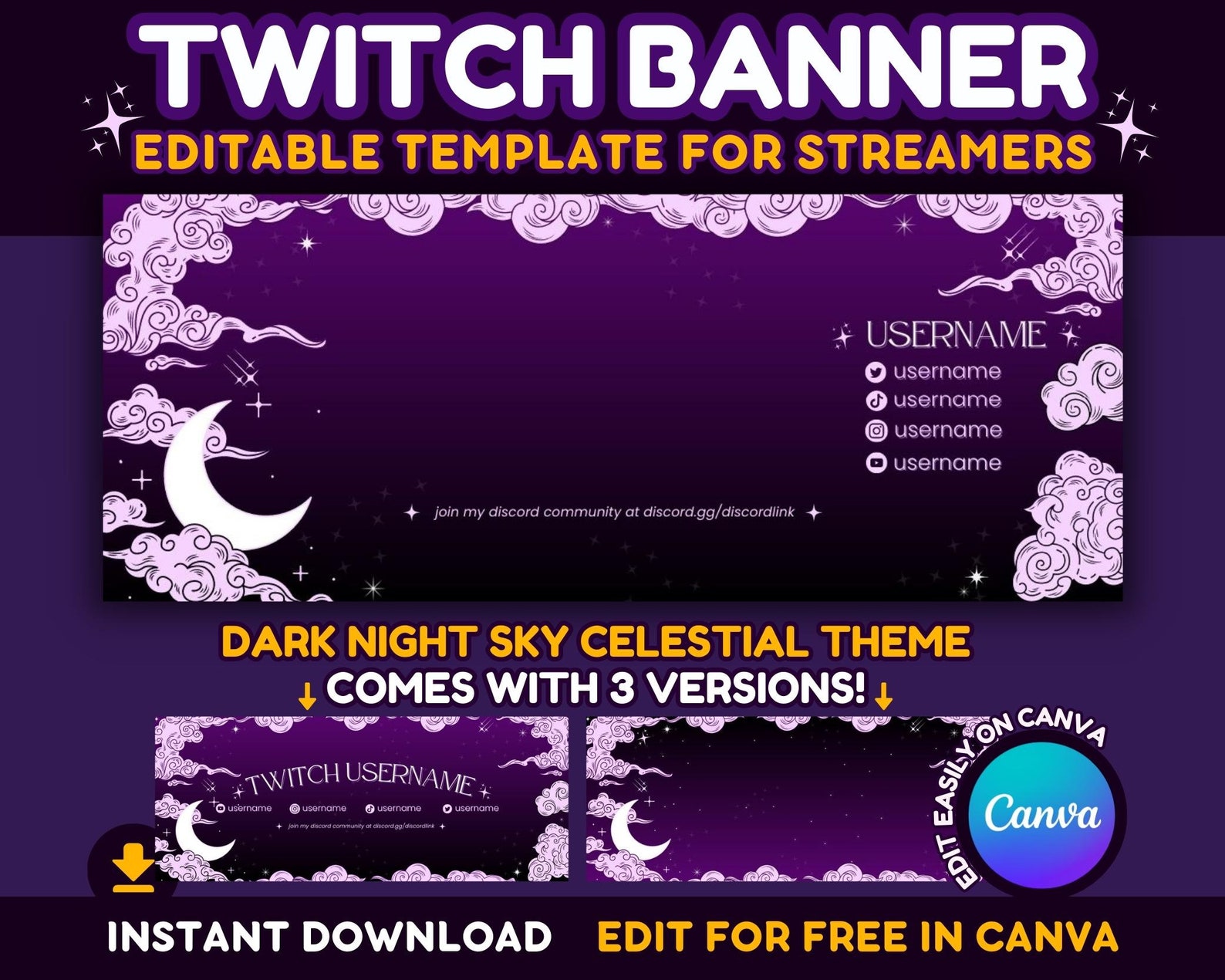 Twitch Banner Template - Dark Night Celestial Sky Editable Customizable ...