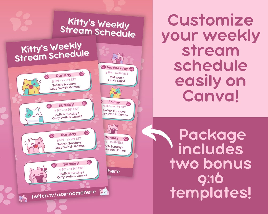 Pink Cat Stream Schedule Template Kawaii Cute Editable Twitch Live ...