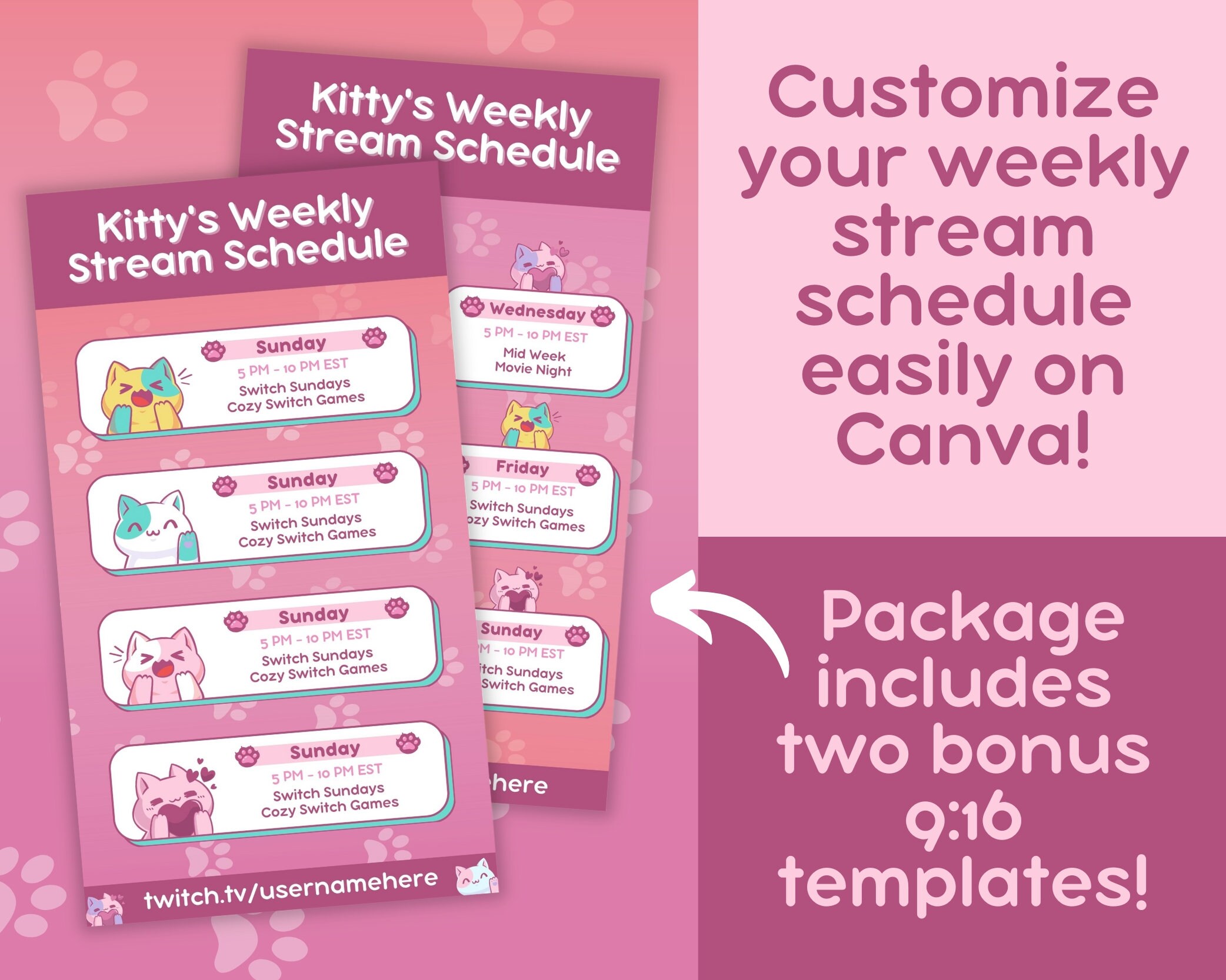 Pink Cat Stream Schedule Template: Kawaii Twitch Design (canva Editable ...