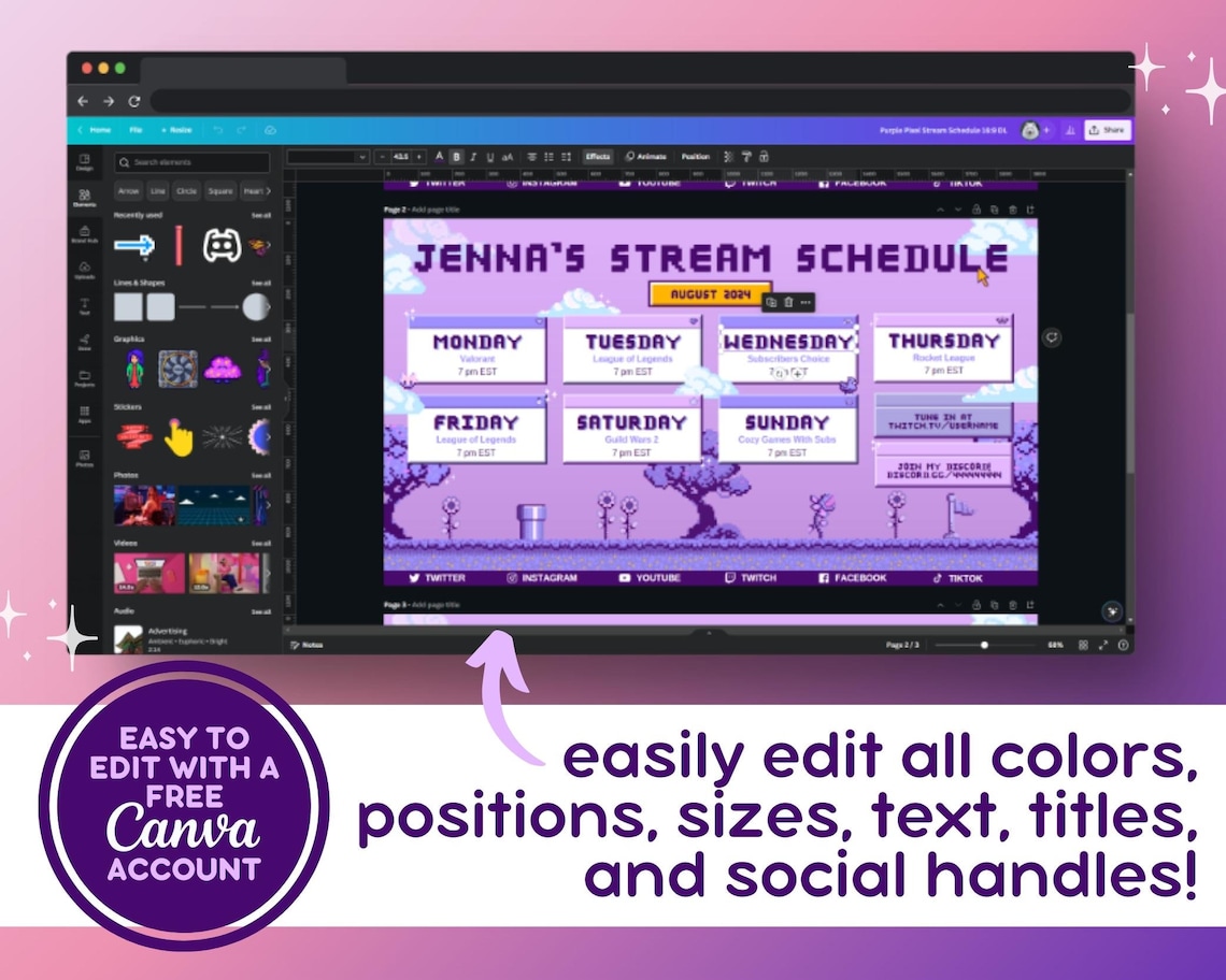 Purple Pixel Stream Schedule Template - 8 Bit Retro - Editable Weekly ...