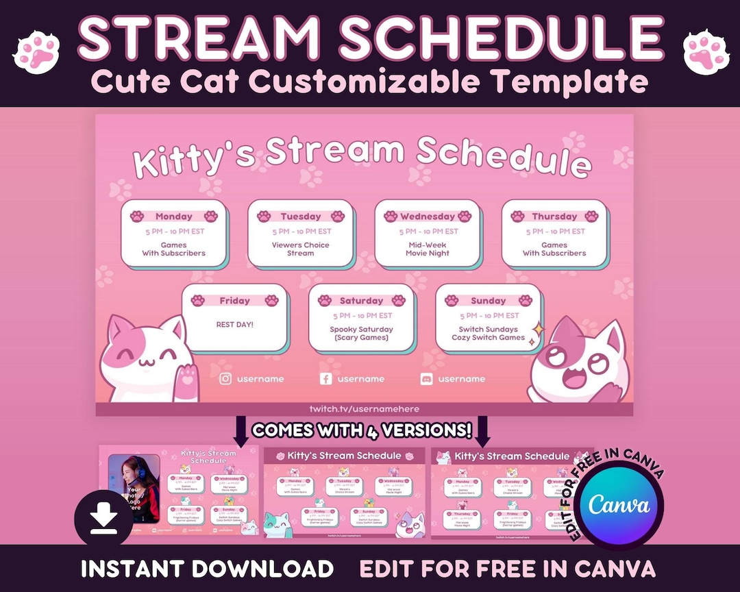 Pink Cat Stream Schedule Template: Kawaii Twitch Design (canva Editable ...