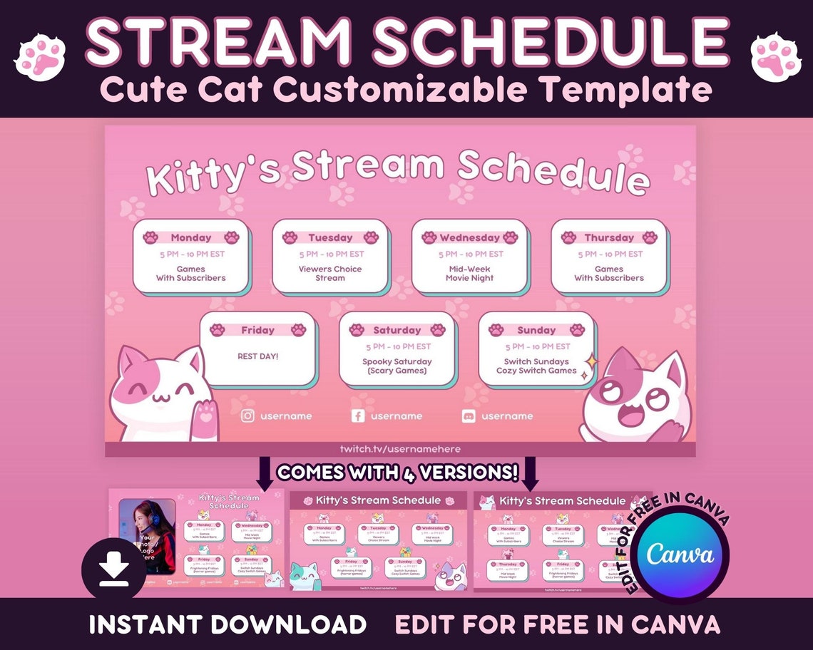 Pink Cat Stream Schedule Template Kawaii Cute Editable Twitch Live ...