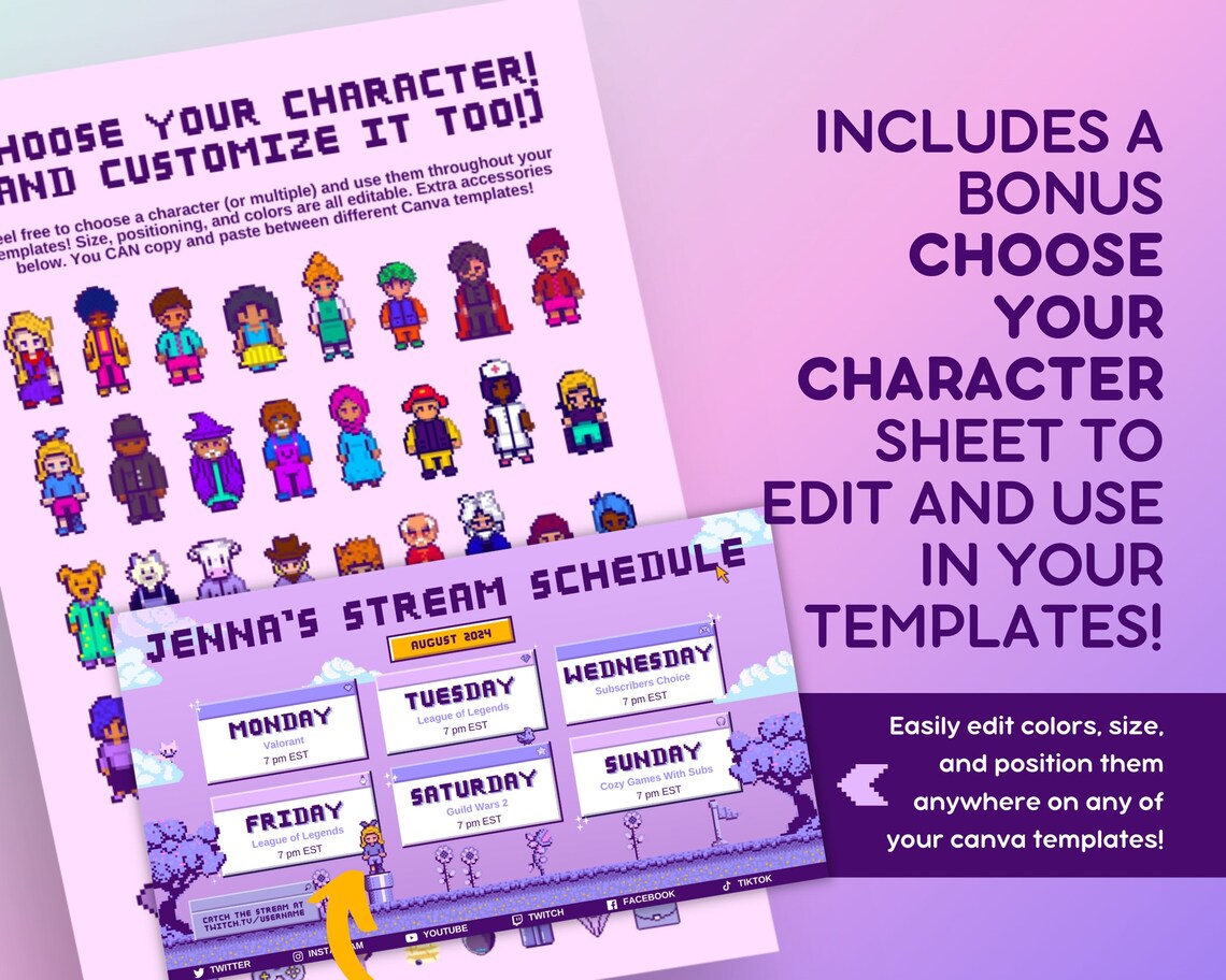 Purple Pixel Stream Schedule Template - 8 Bit Retro - Editable Weekly ...