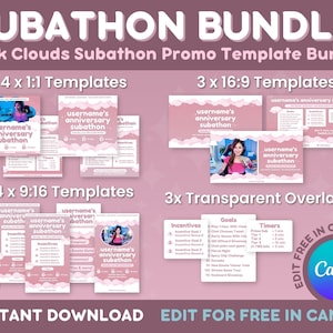 Pink Cloud Subathon Social Media Canva Template Bundle | Live Stream ...