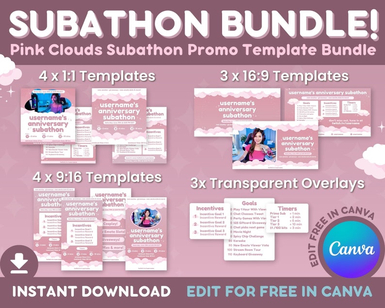 Pink Cloud Subathon Social Media Canva Template Bundle Live Stream ...