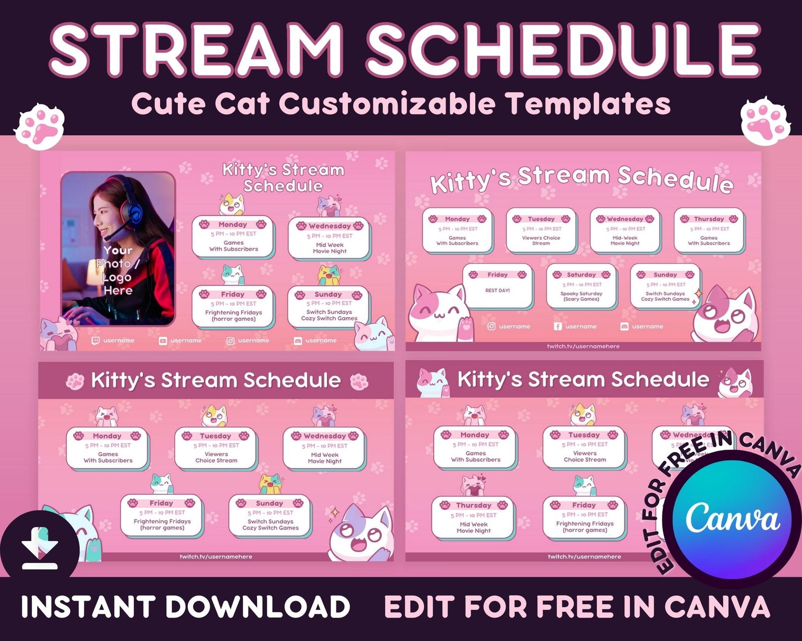 Pink Cat Stream Schedule Template | Kawaii Cute Editable Twitch Live ...