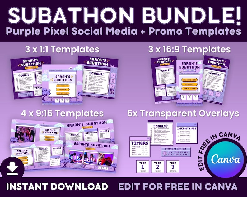 Purple Pixel Subathon Social Media Canva Template Bundle for Twitch ...