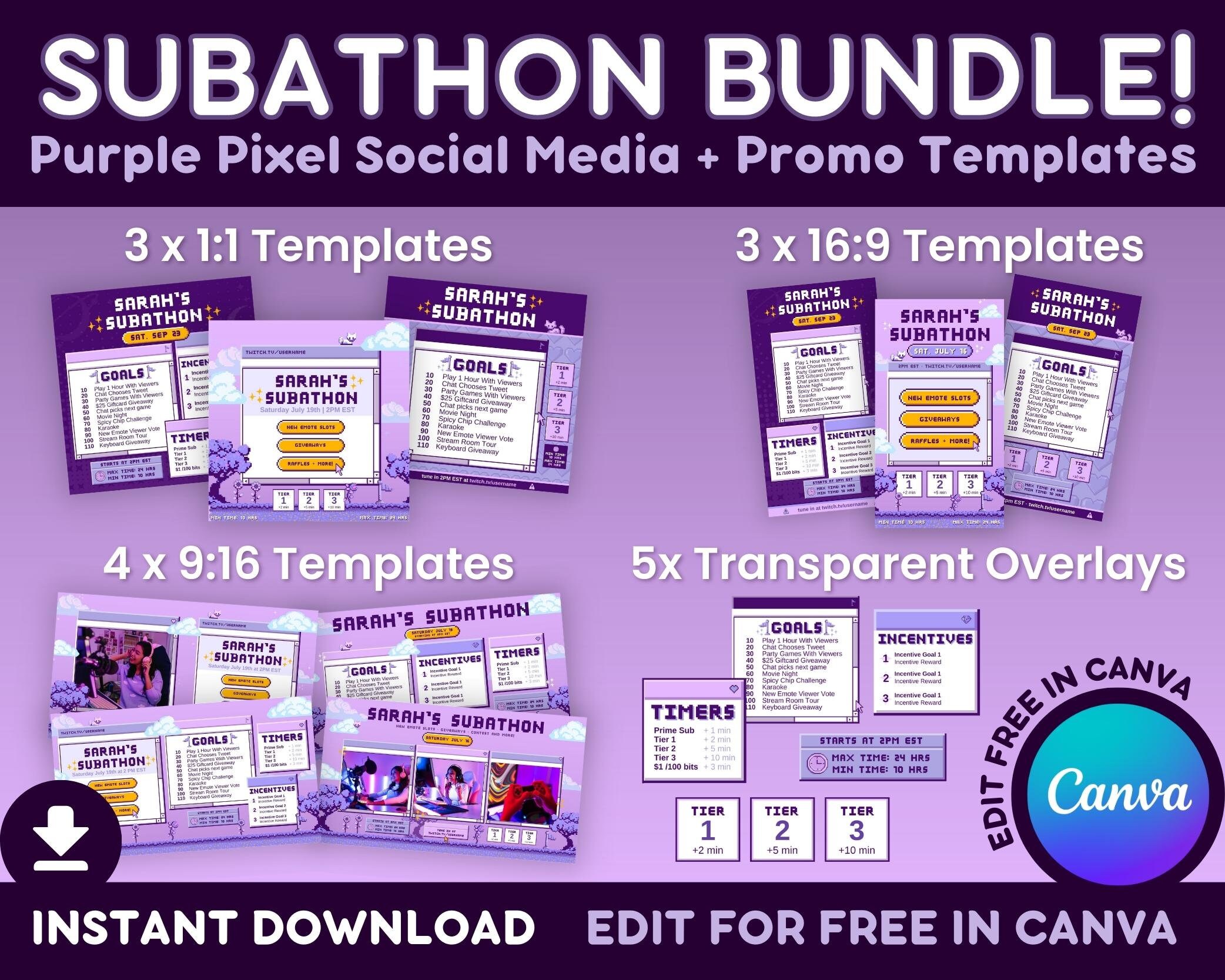 Purple Pixel Subathon Social Media Canva Template Bundle for Twitch ...